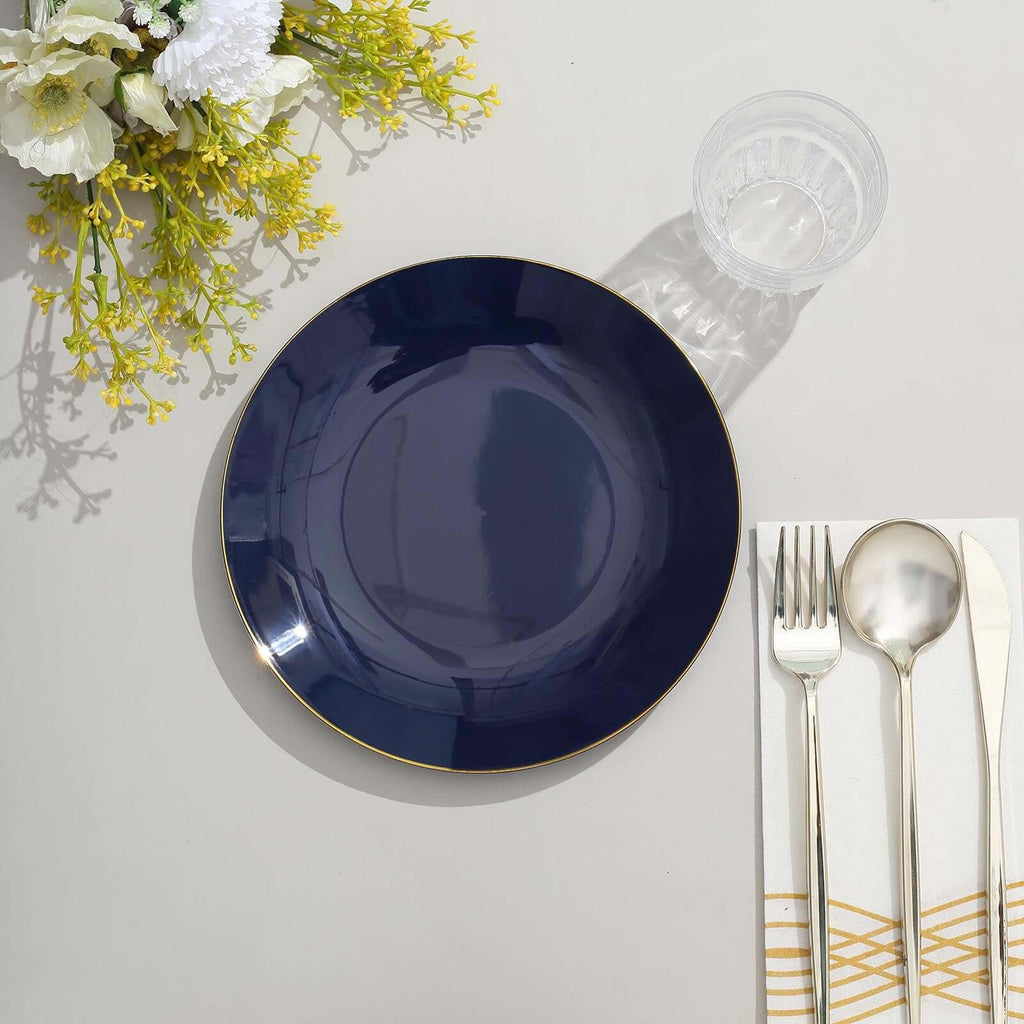 Plastic 8" Salad Plates Navy Blue/Gold Rim | TableclothsFactory