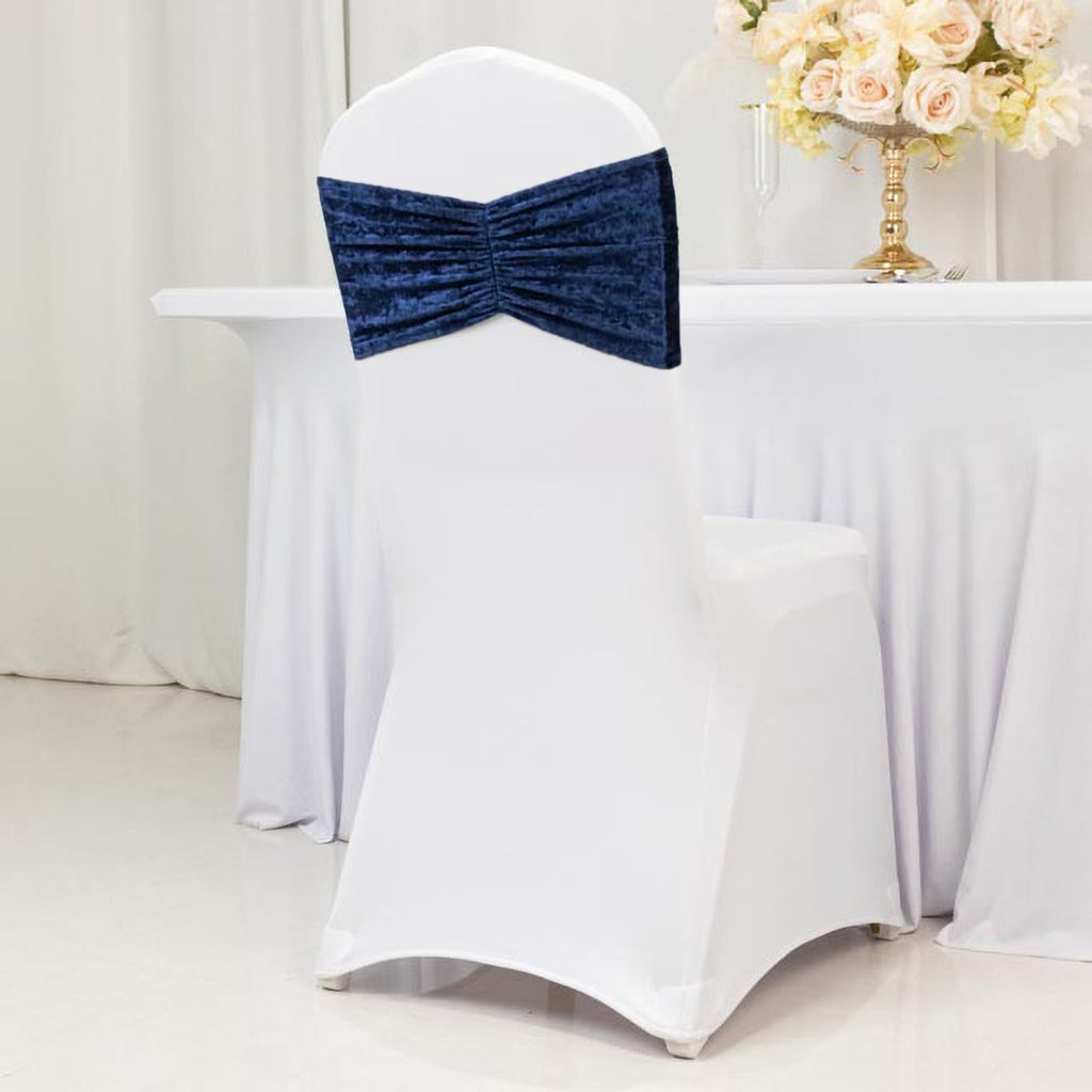 Navy Blue Velvet Ruffle Chair Bands | TableclothsFactory