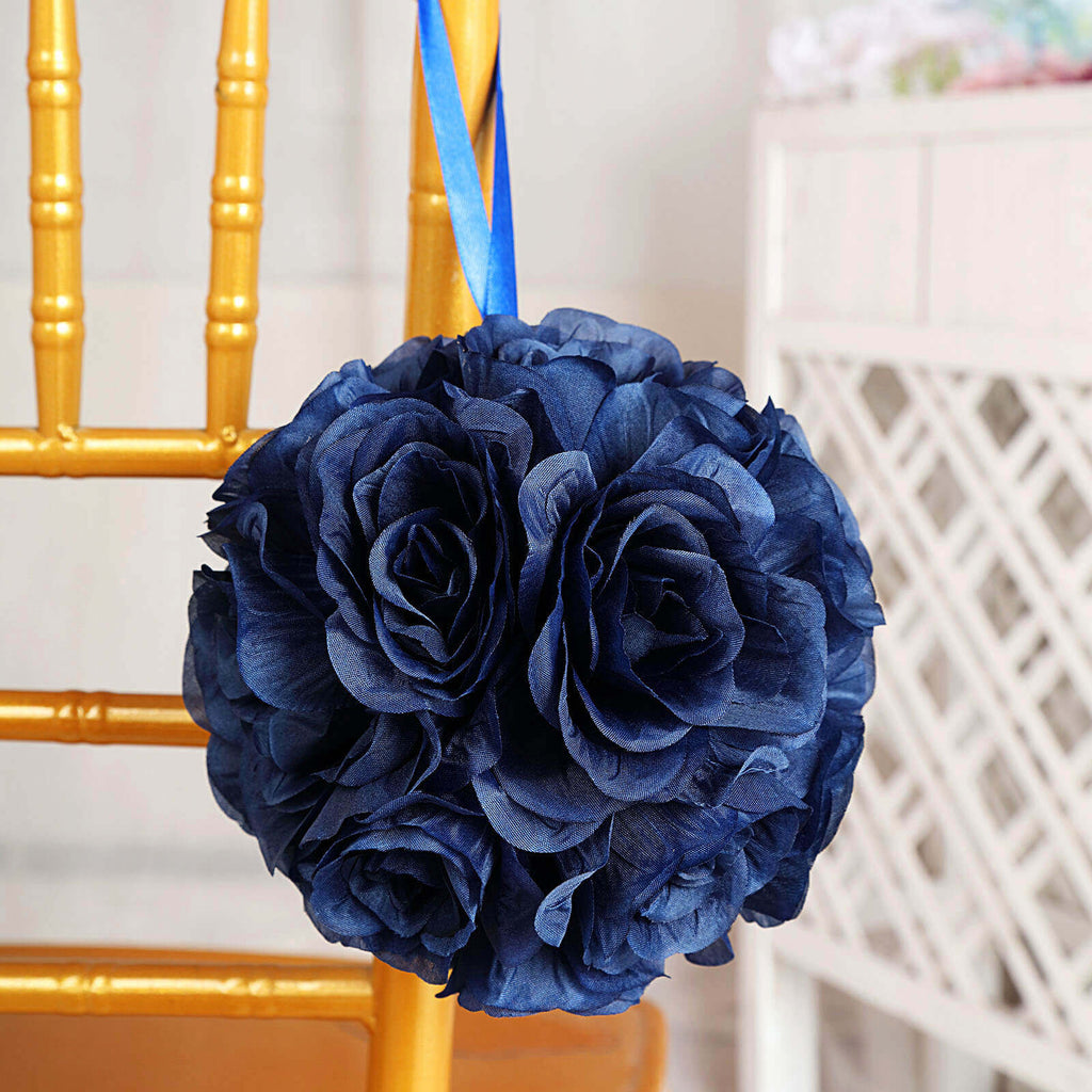 Navy Blue Artificial Silk Rose Kissing Ball 2 Pack | TableclothsFactory