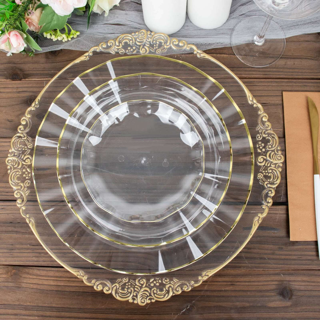 Ruffled Rim Plastic 11" Dinner Plates Clear/Gold | TableclothsFactory