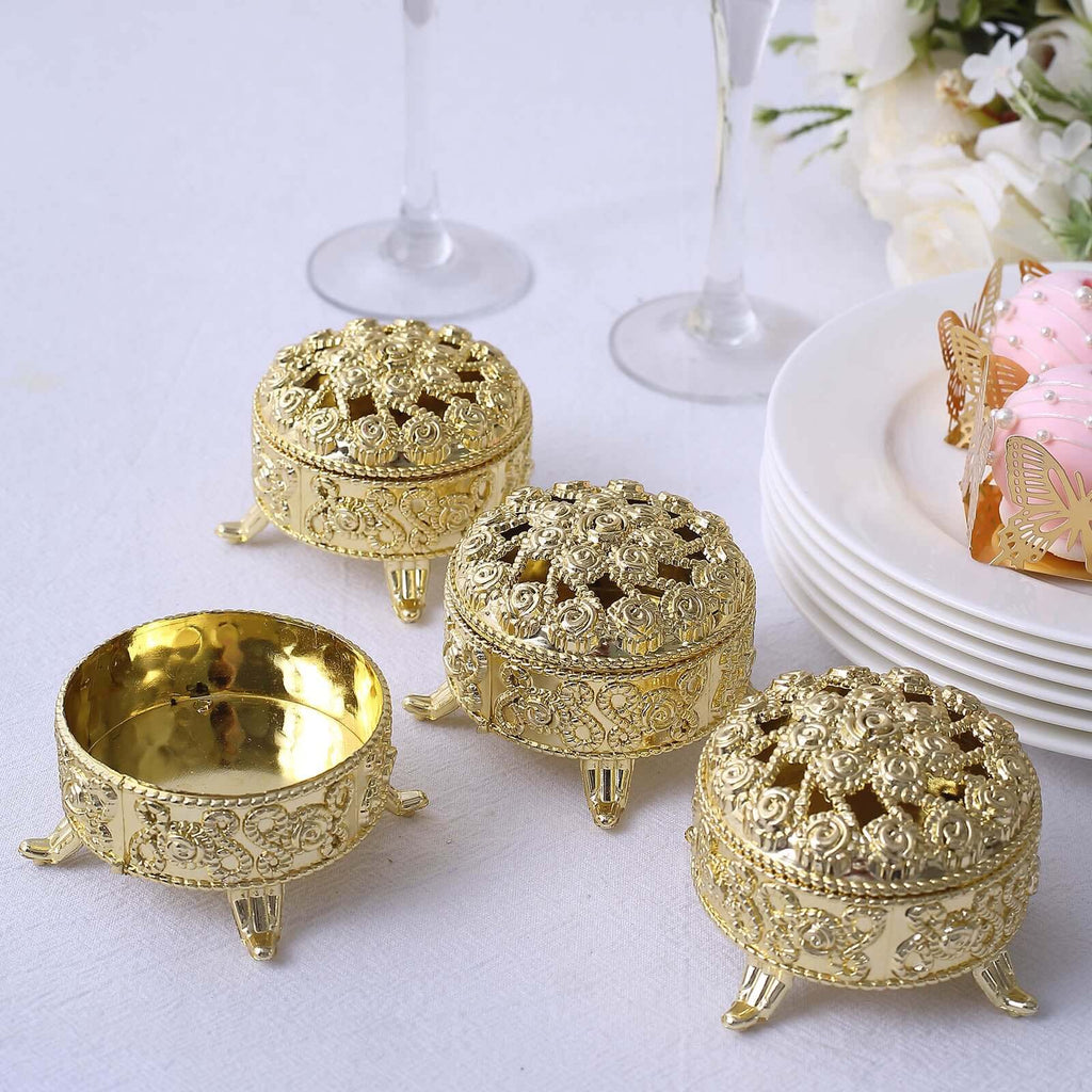 Plastic Mini Vintage Ornate Round Box Containers Metallic Gold 2.5 ...