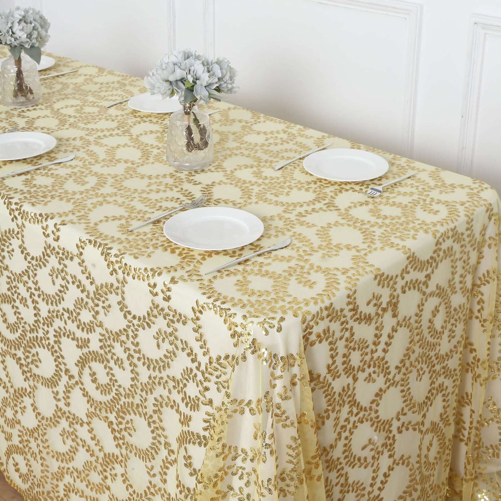 Sequin Embroidered Tablecloth 90"x156" Gold | TableclothsFactory