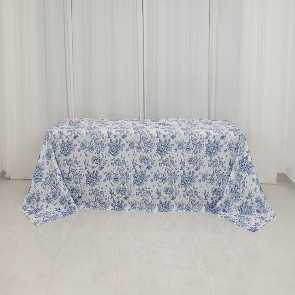 90x132 Blue Toile Polyester Tablecloth | Tableclothsfactory