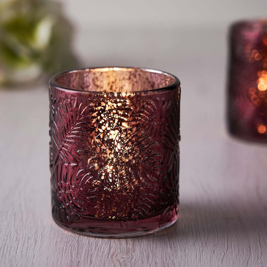 Palm Leaf Mercury Glass Candle Holders Burgundy 3" | TableclothsFactory