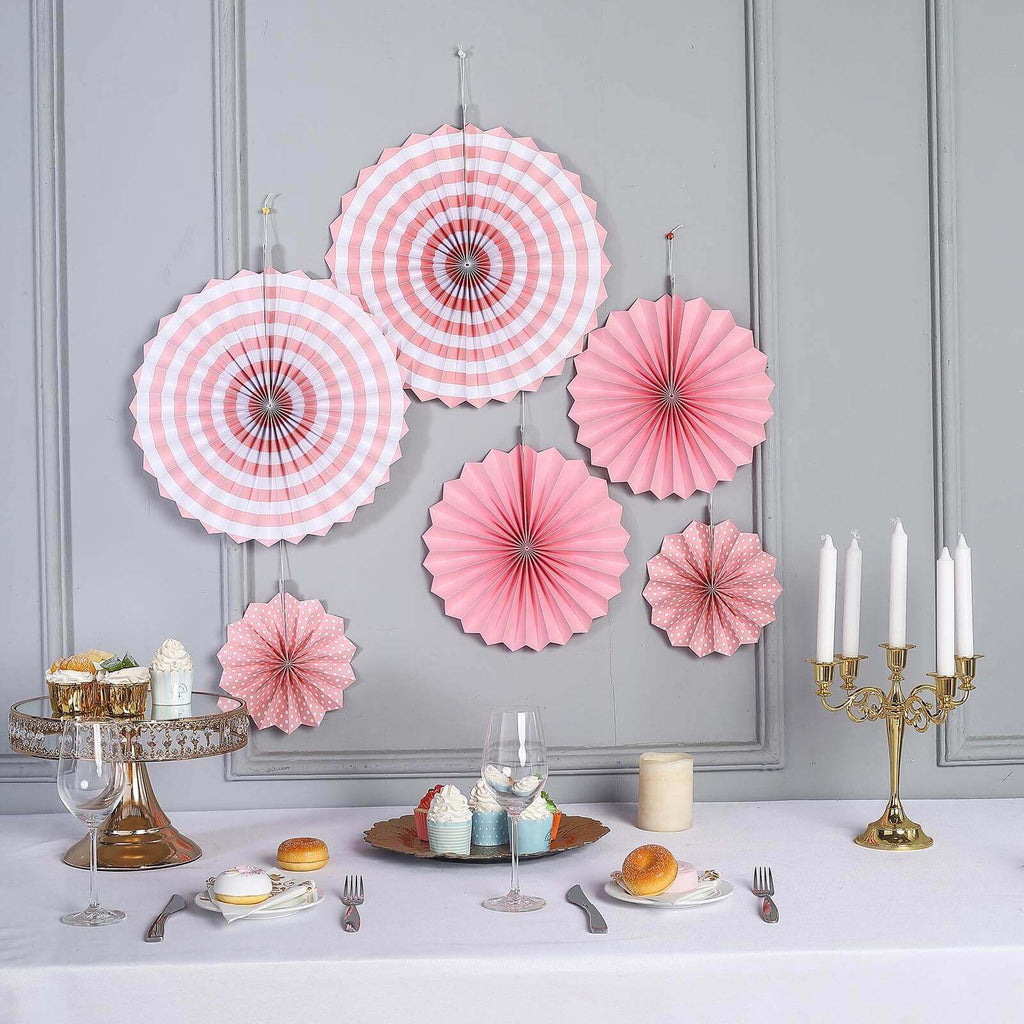 Pink Hanging Paper Fan Decorations Set of 6 | TableclothsFactory