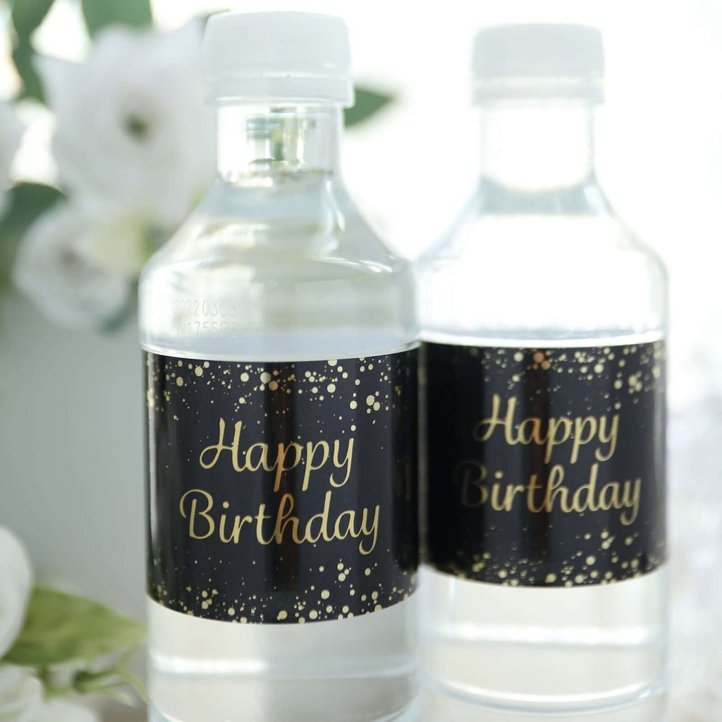24 Pack Black Gold Birthday Water Bottle Labels | TableclothsFactory
