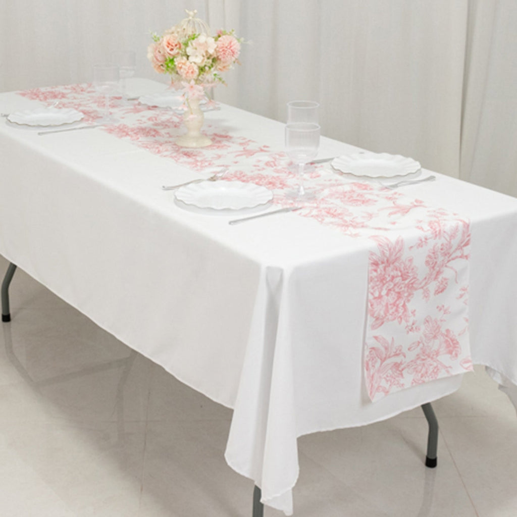 Polyester Floral Table Runner 12"x108" White/Pink | TableclothsFactory