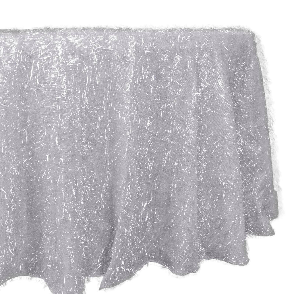 Metallic Fringe Shag Tablecloth 120" Silver | TableclothsFactory