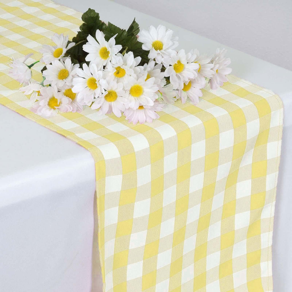 Gingham Table Runner 14"x108" Yellow/White | TableclothsFactory