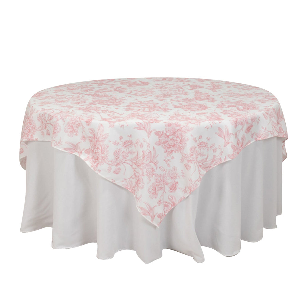 70" Pink Toile Polyester Overlay | Tableclothsfactory