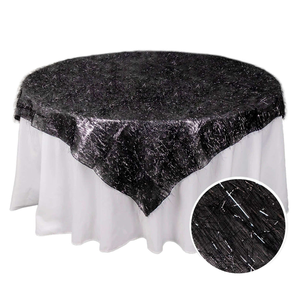 Fringe Tinsel Table Overlay 72"x72" Black | TableclothsFactory