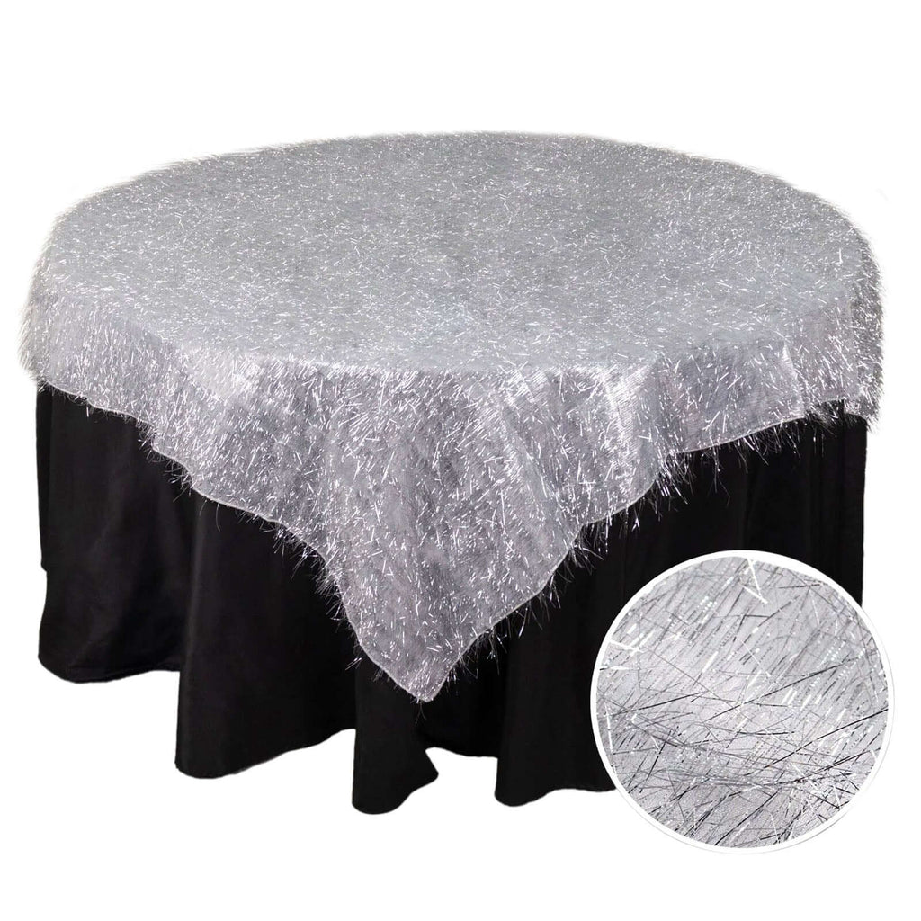 Fringe Tinsel Table Overlay 72"x72" Silver | TableclothsFactory