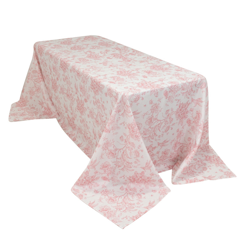 French Toile Tablecloth 90"x132" White/Pink | TableclothsFactory