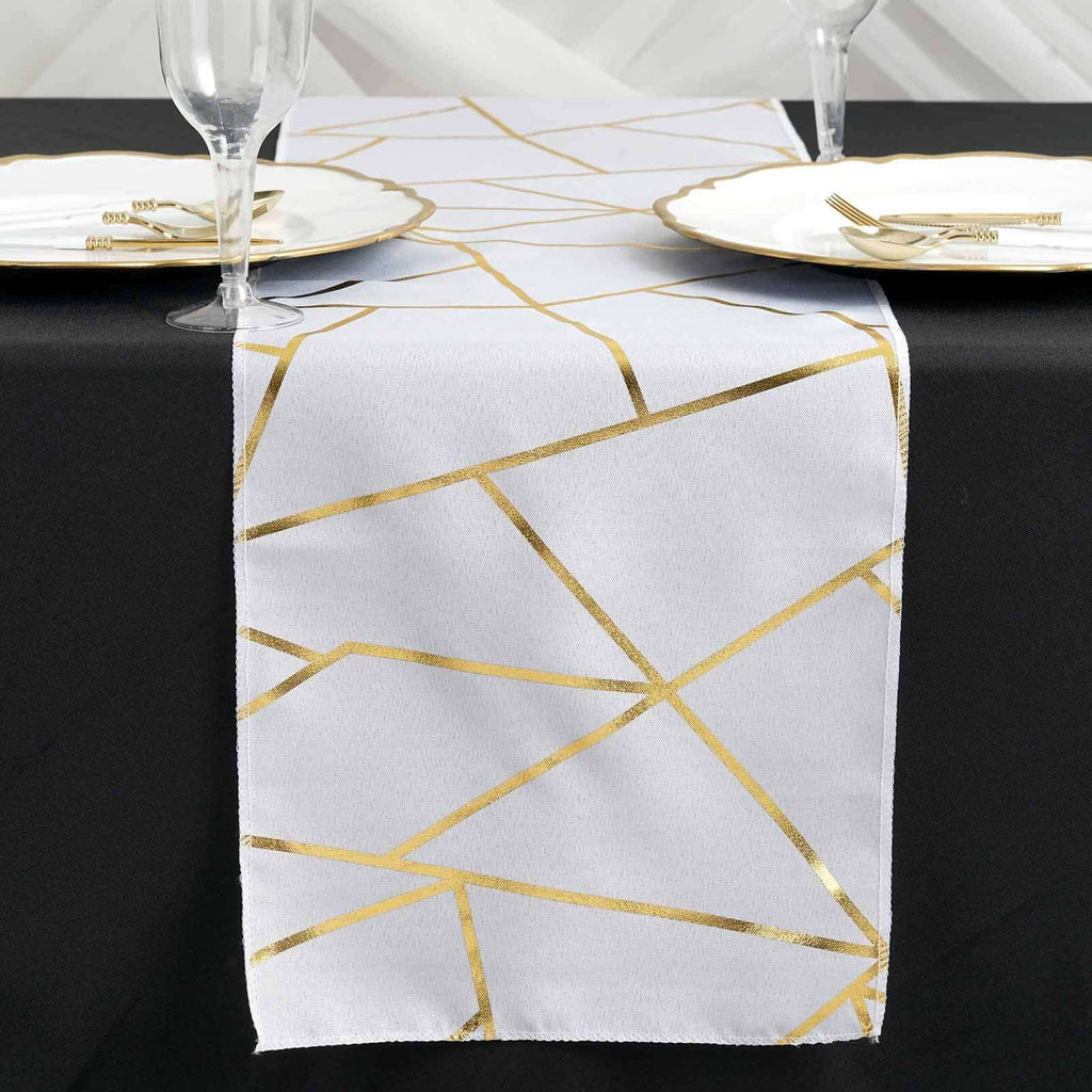 Geometric Polyester Table Runner 9ft White | TableclothsFactory