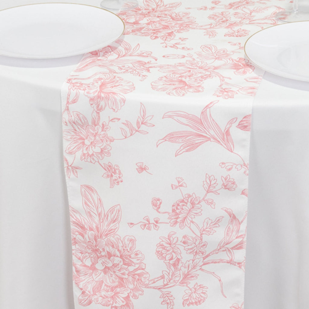 Polyester Floral Table Runner 12"x108" White/Pink | TableclothsFactory