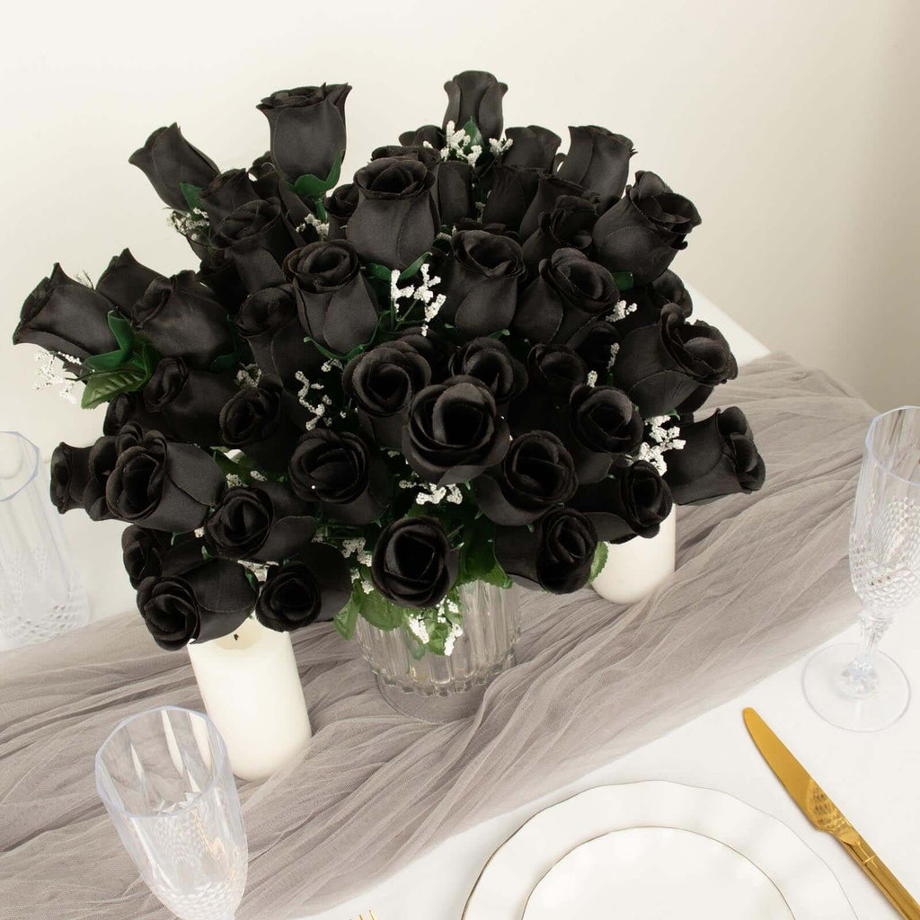 Black Silk Rose Bud Bouquets - 12 Premium Bushes | TableclothsFactory