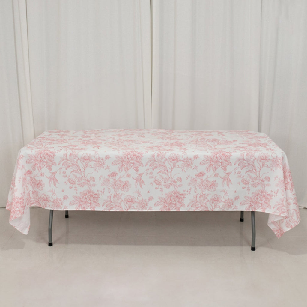 French Toile Tablecloth 60"x102" White/Pink | TableclothsFactory