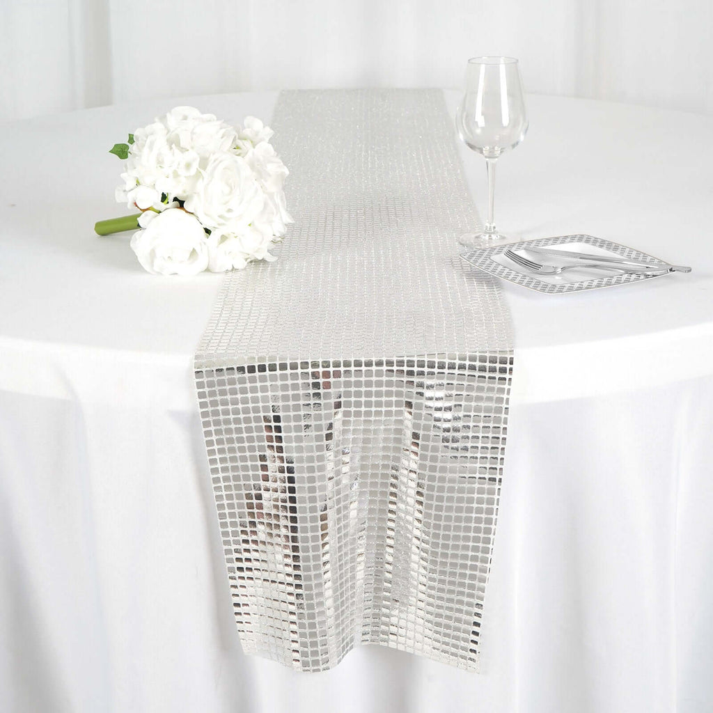 Mirror Foil Table Runner 12"x108" Silver | TableclothsFactory