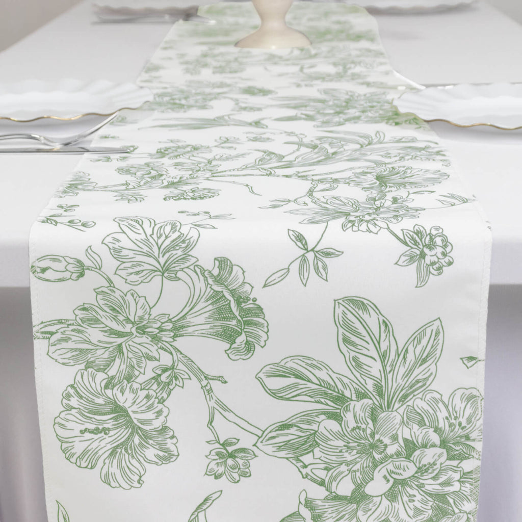 White Sage Green Floral Table Runner | TableclothsFactory