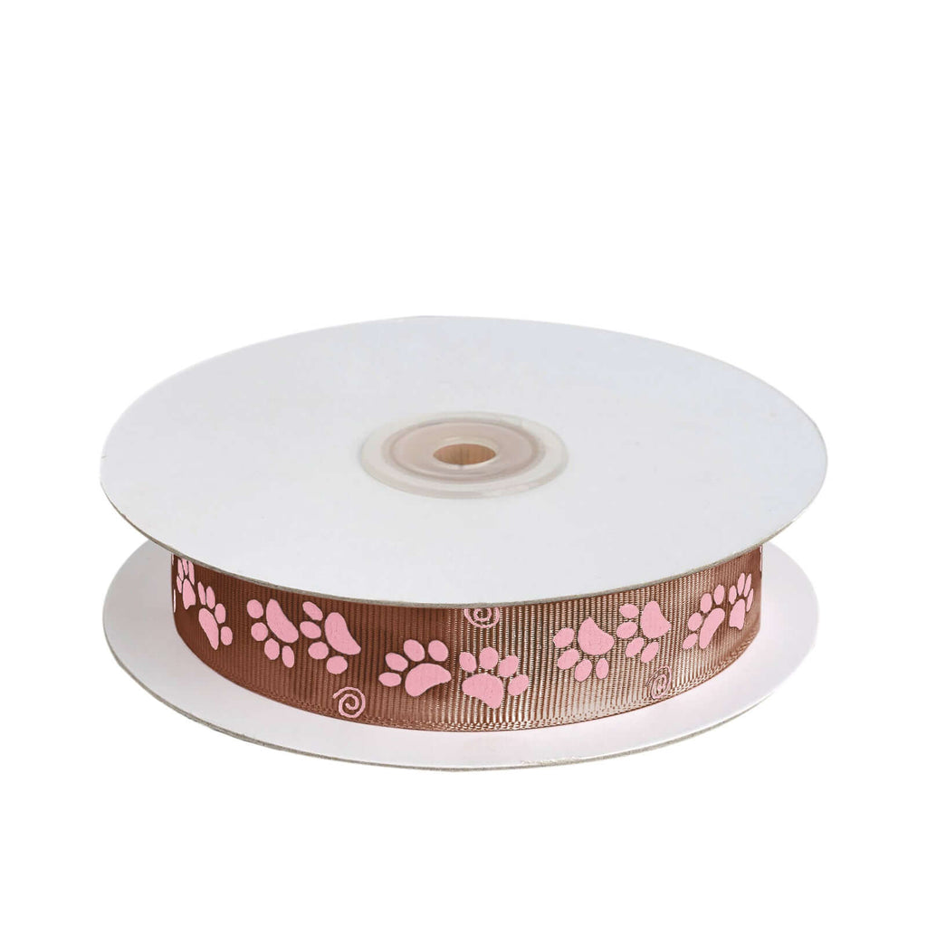 Chocolate Brown Pink Paw Print Satin Ribbon | TableclothsFactory