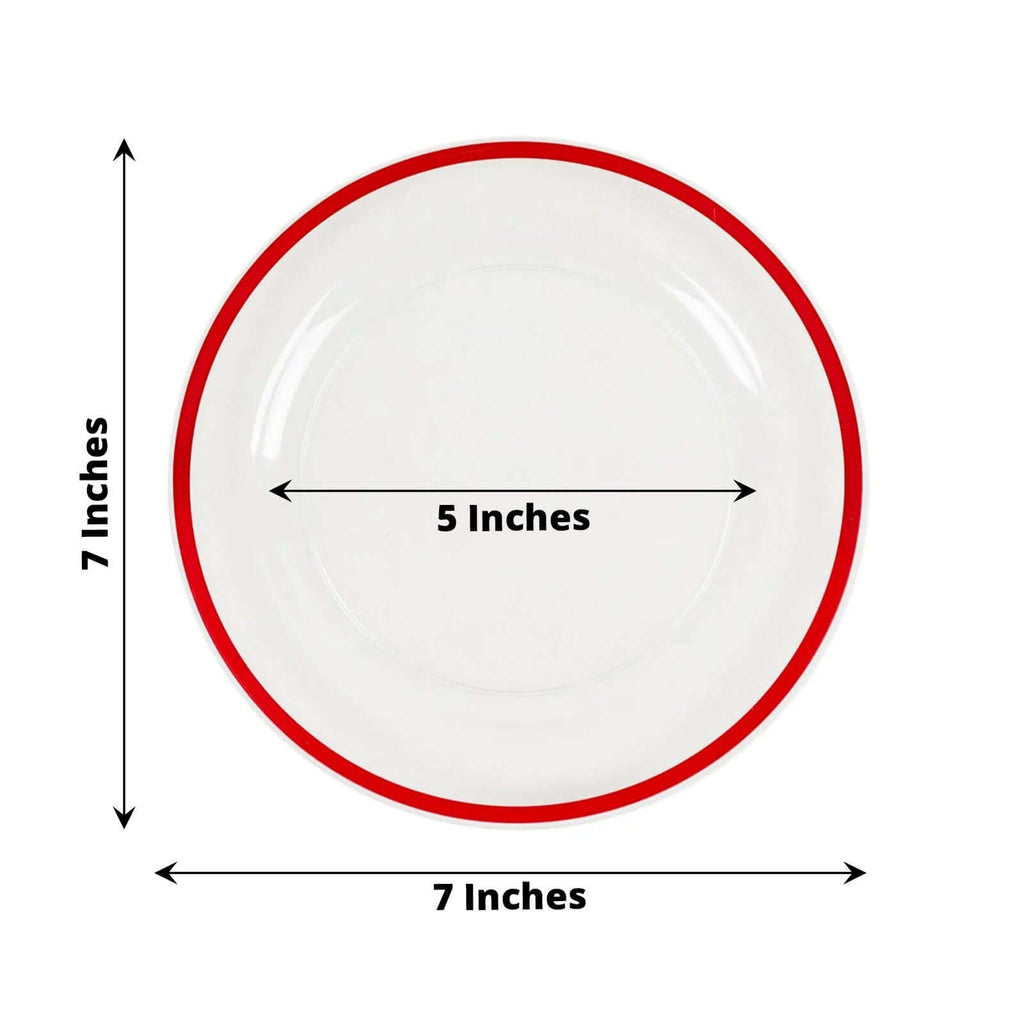 Plastic 7" Round Salad Plates Clear/Red Rim | TableclothsFactory