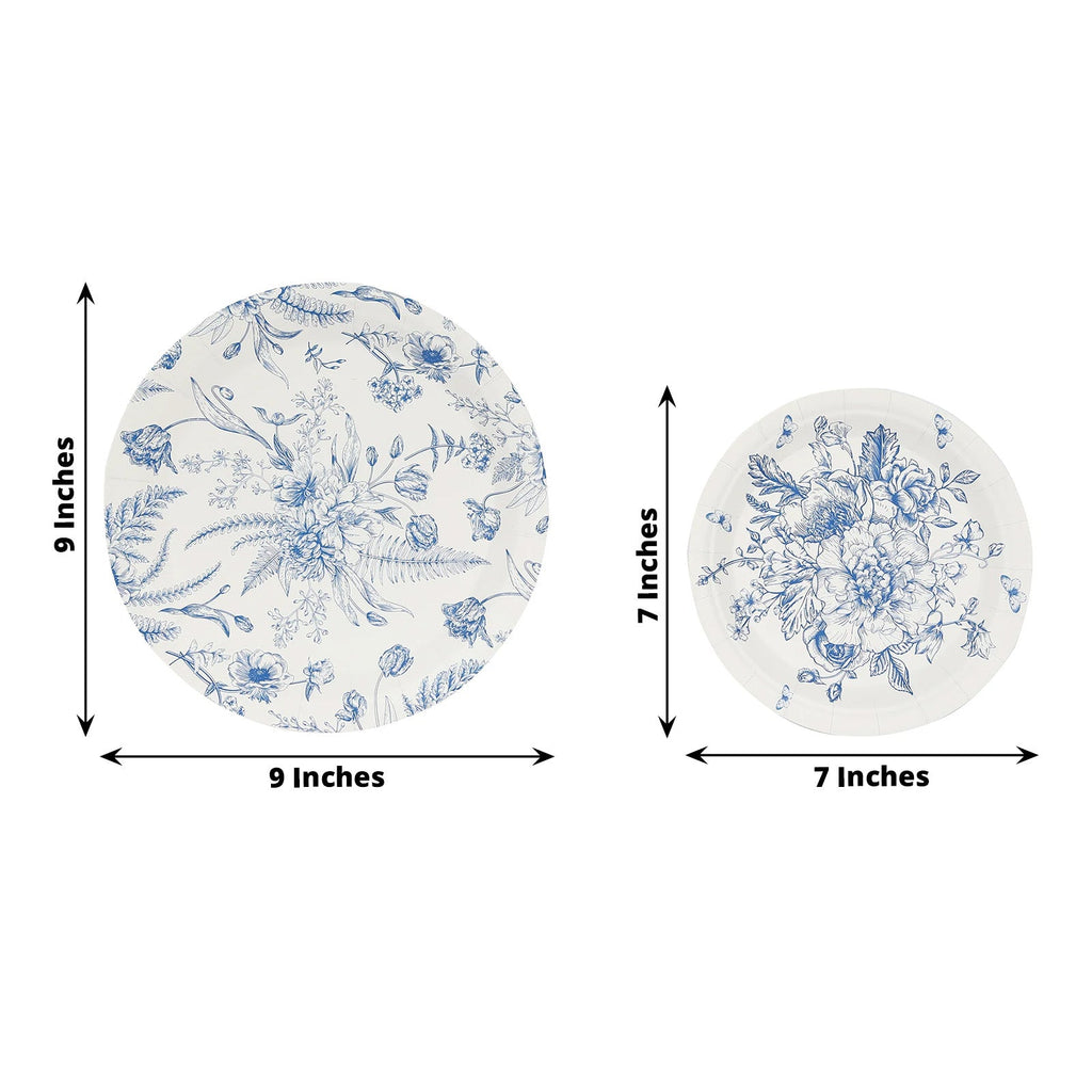 French Toile Paper Round Plates Set 7",9" White/Blue | TableclothsFactory