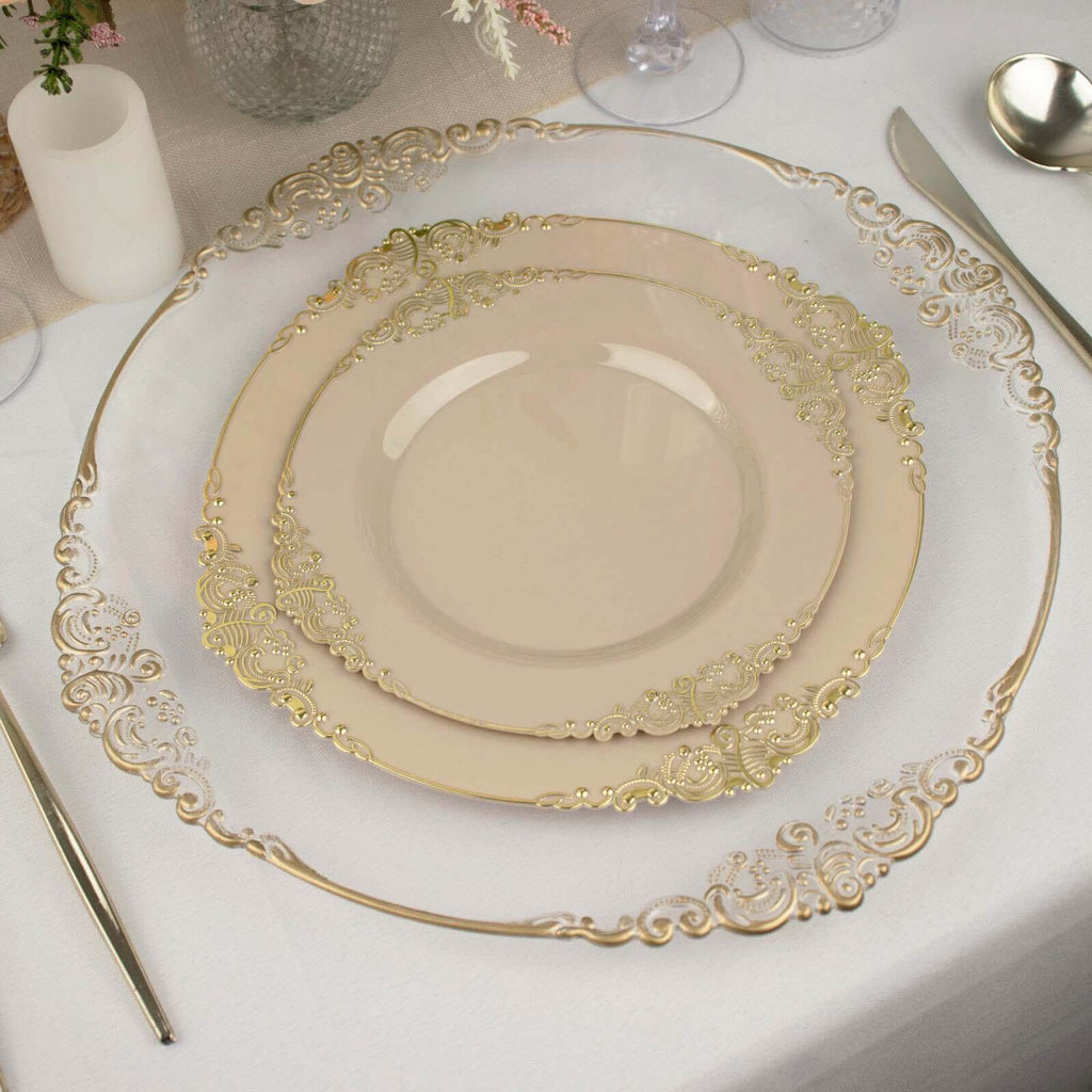 Leaf Embossed Rim Plastic 8" Salad Plates Taupe/Gold | TableclothsFactory