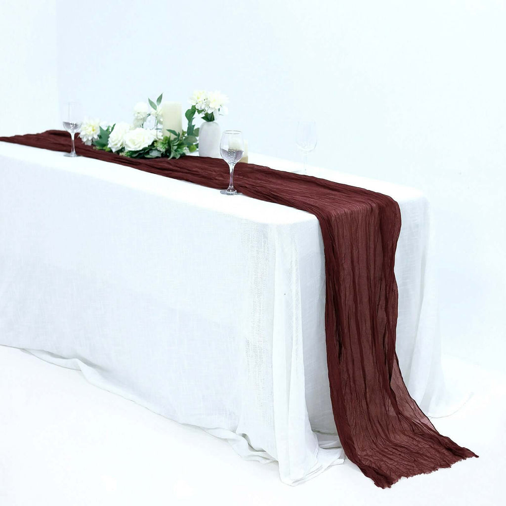 Cheesecloth Boho Table Runner 10ft Burgundy | TableclothsFactory