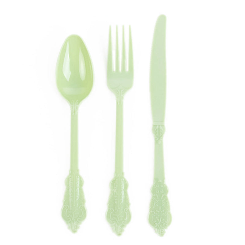72 Pcs Plastic Silverware Set in Baroque Style Sage Green - Heavy Duty