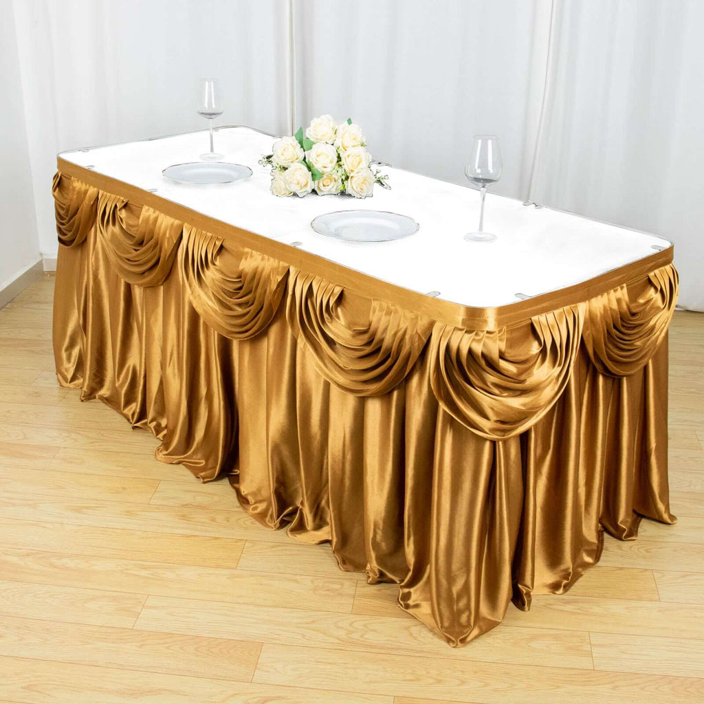 Pleated Satin Skirt 14ft Gold | TableclothsFactory