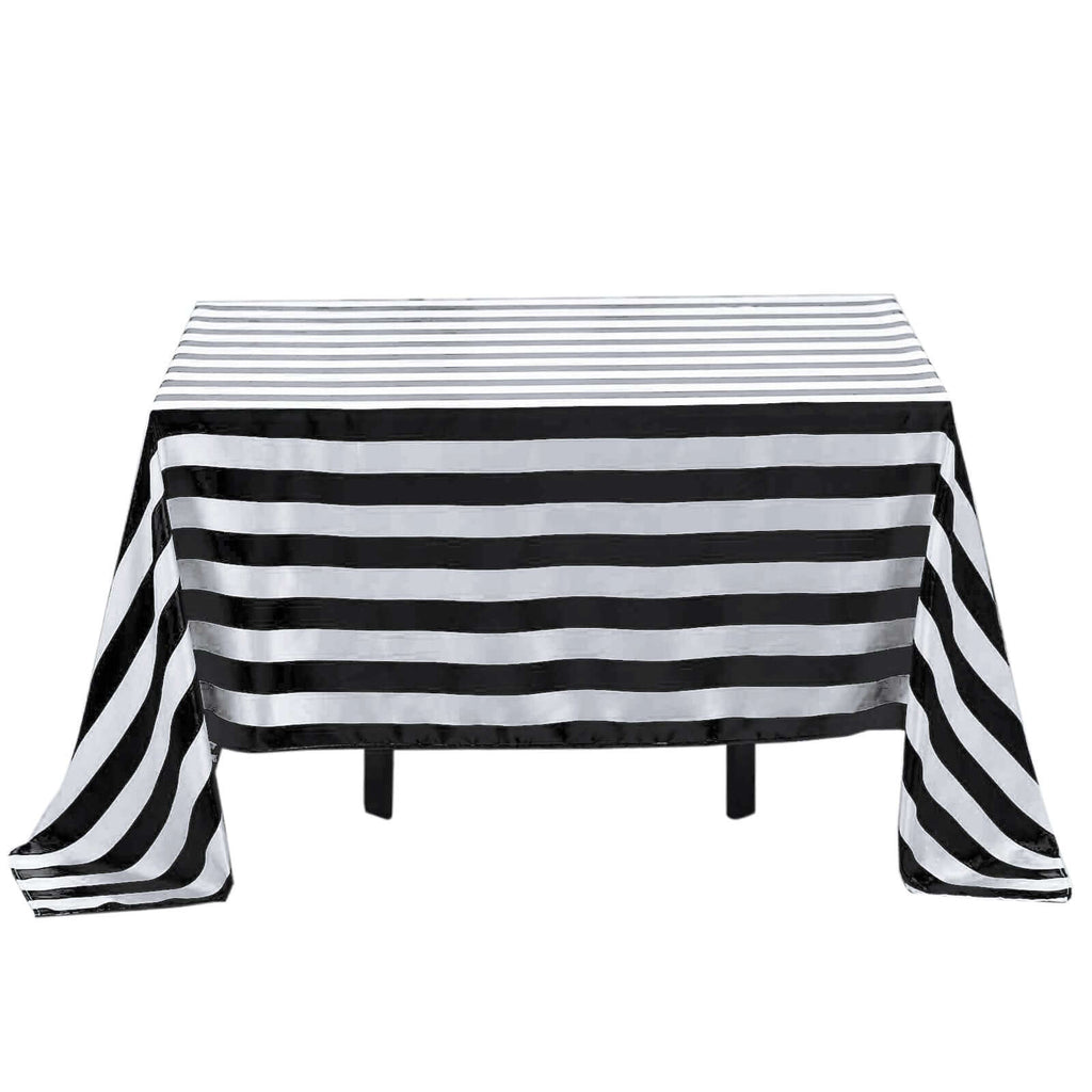 Satin Stripe Tablecloth 60"x102" Black/White | TableclothsFactory
