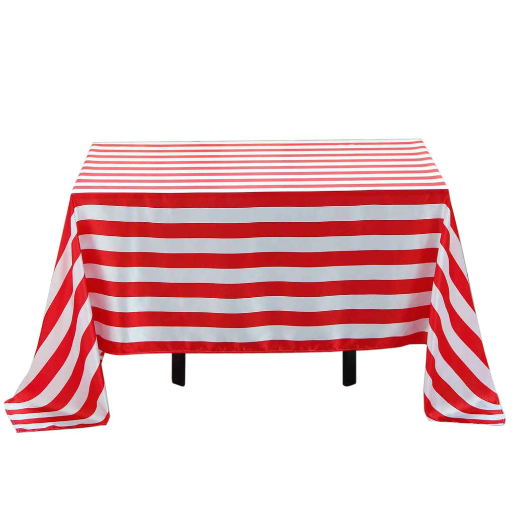Satin Stripe Tablecloth 60"x102" Red/White | TableclothsFactory