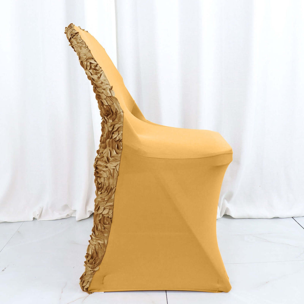 Satin Rosette Spandex Chair Cover Gold | TableclothsFactory