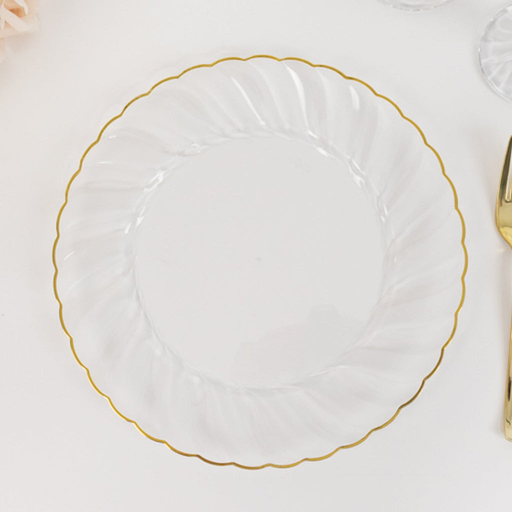 Flair Rim Plastic 10" Dinner Plates Clear/Gold | TableclothsFactory