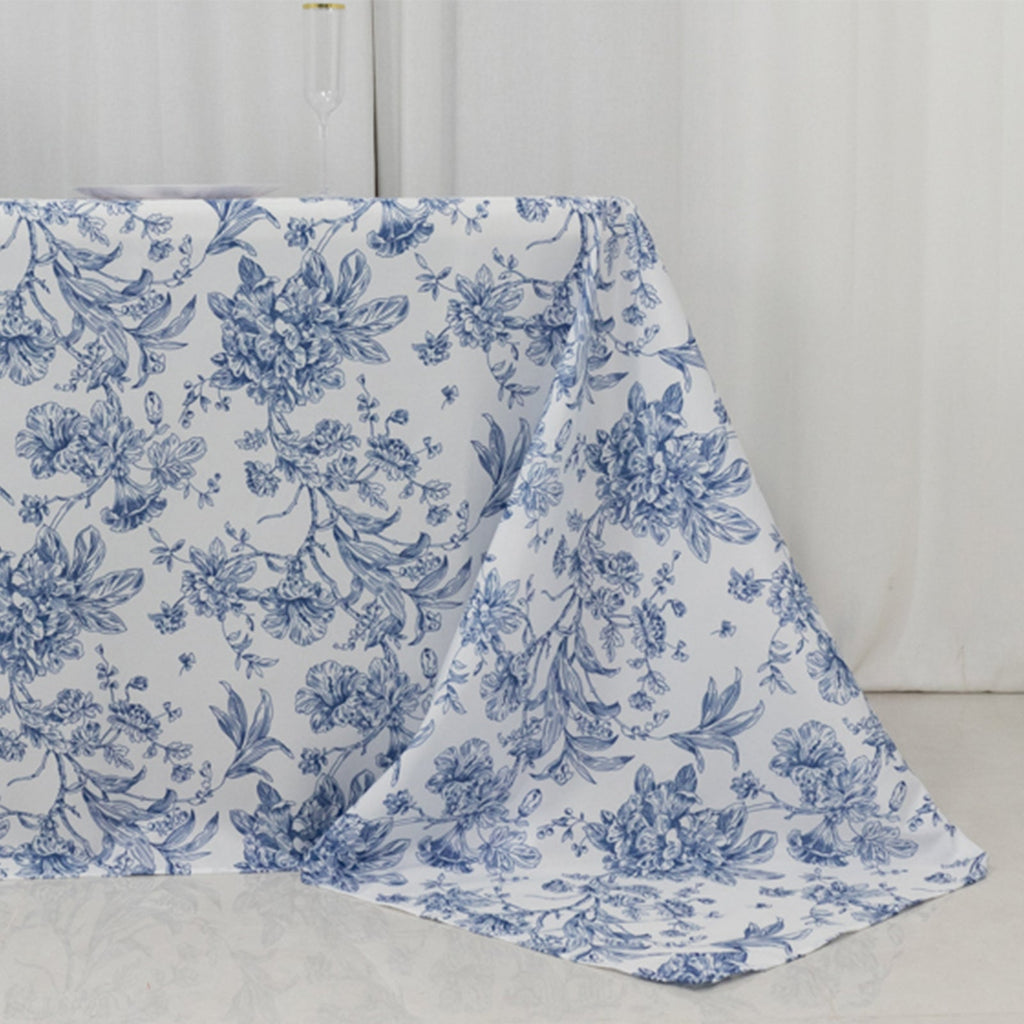 90x156 Blue Toile Polyester Tablecloth | Tableclothsfactory