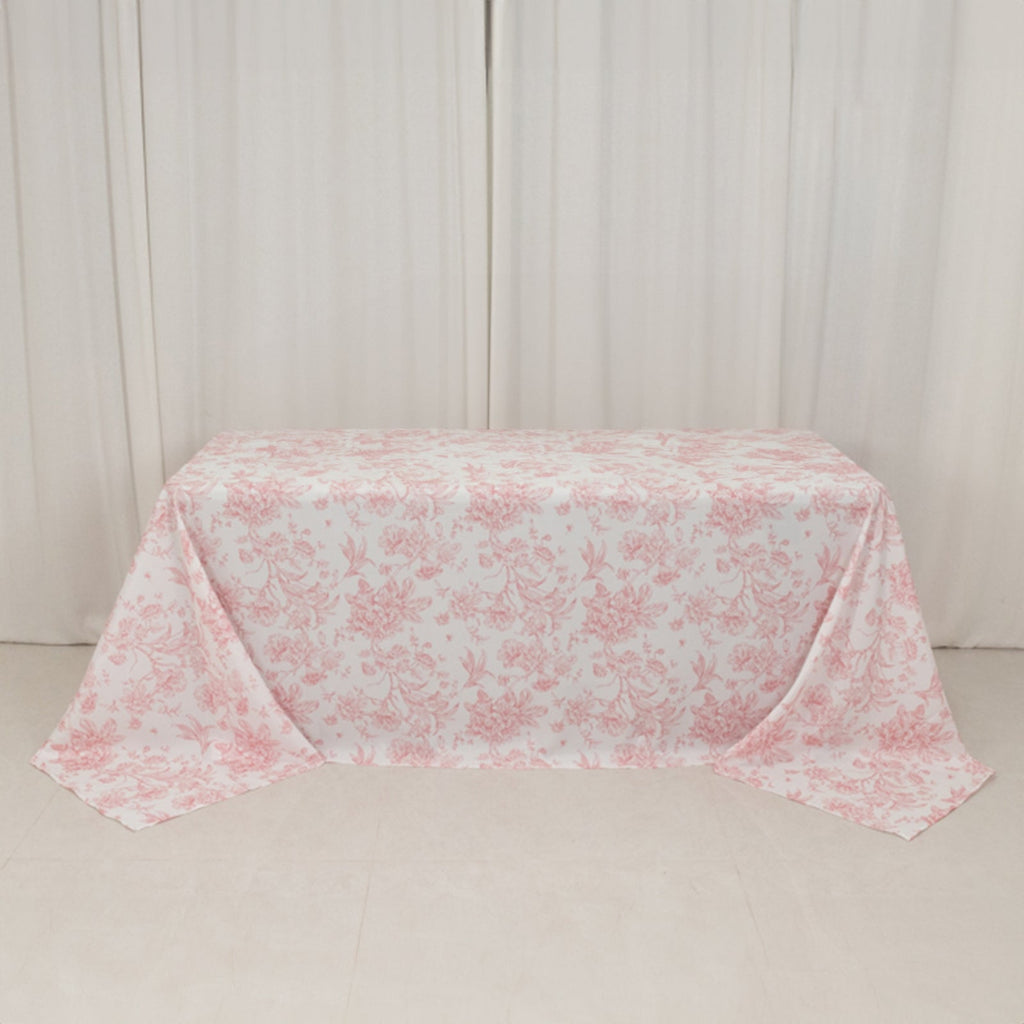 French Toile Tablecloth 90"x132" White/Pink | TableclothsFactory