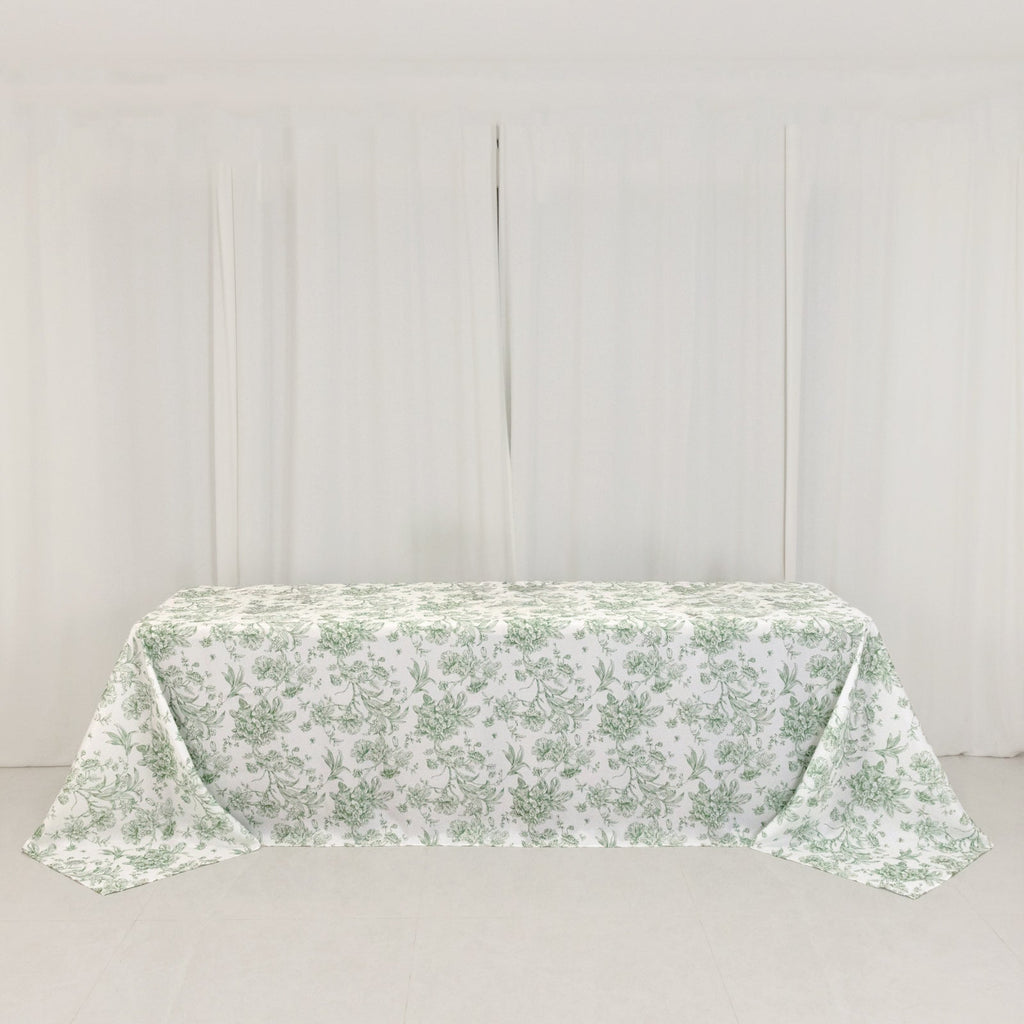 90x156 Sage Toile Polyester Tablecloth | Tableclothsfactory