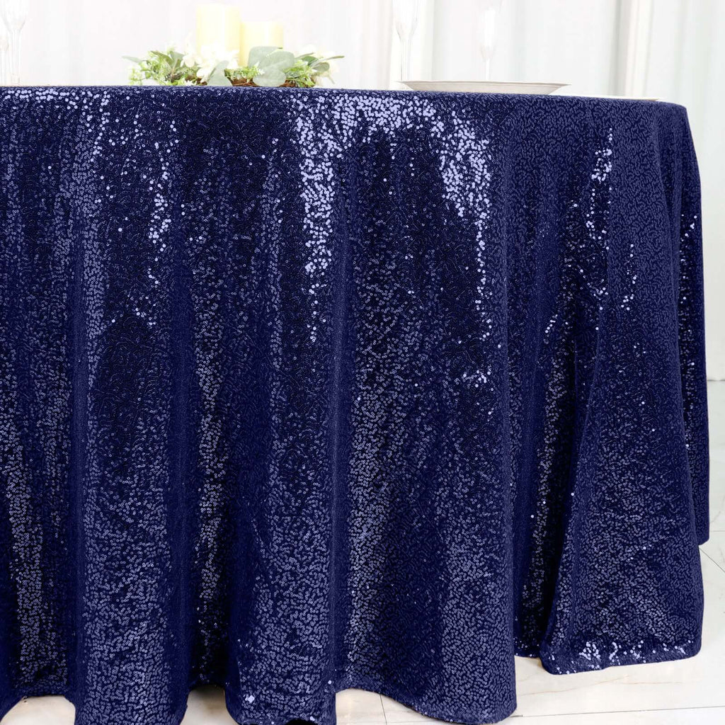 Sequin Tablecloth 120" Navy Blue | TableclothsFactory