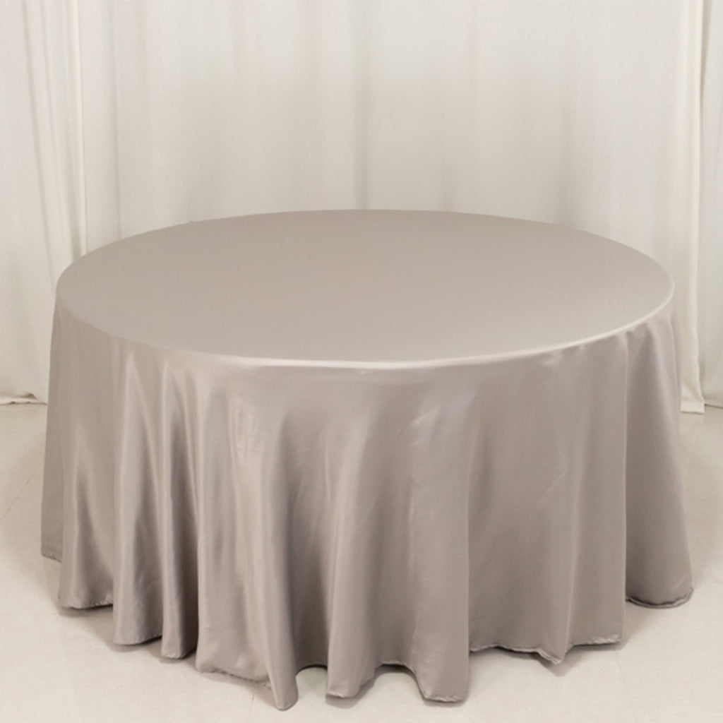 Lamour Satin Round Tablecloth 120" Silver by TableclothsFactory.com