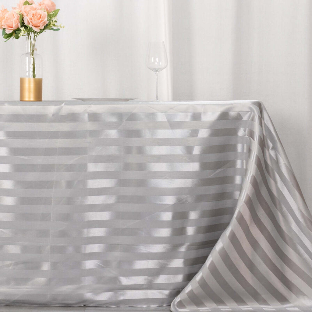 Satin Stripe Tablecloth 90"x132" Silver | TableclothsFactory