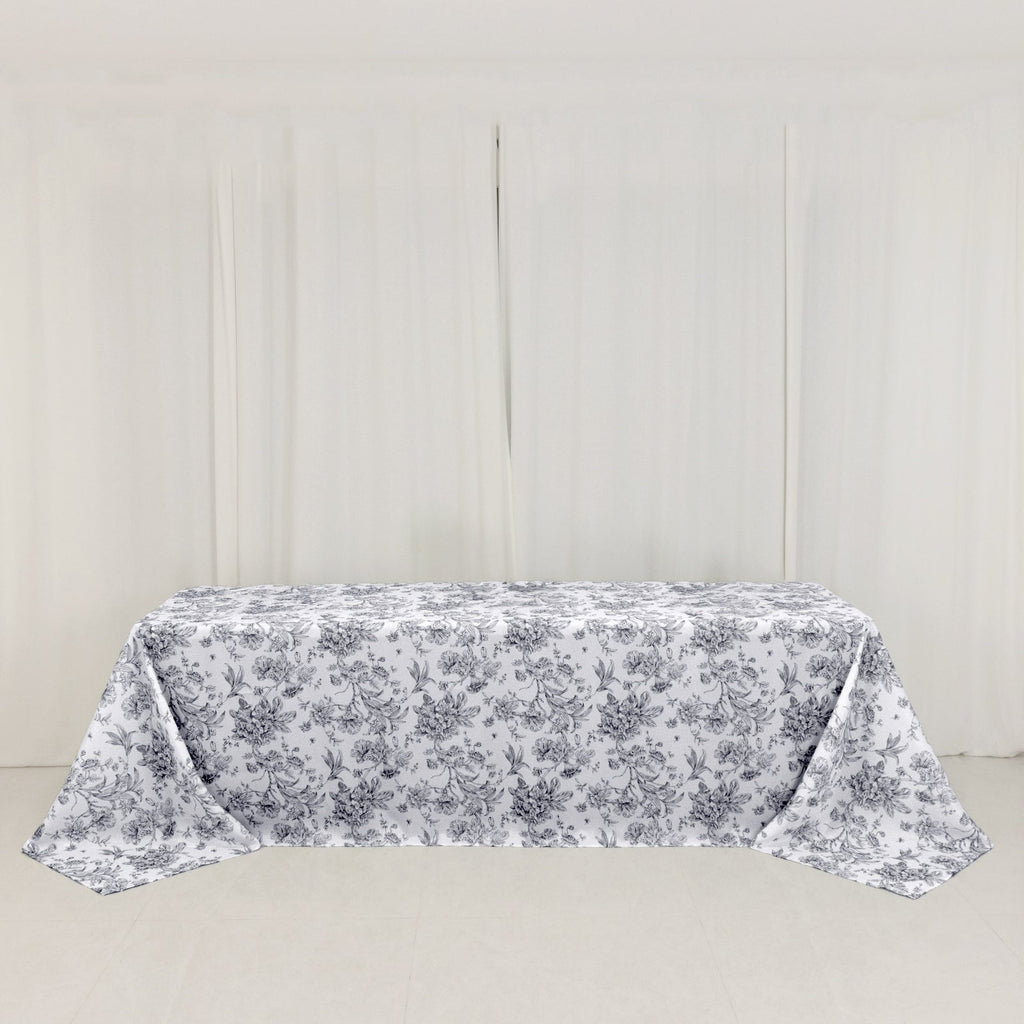 90x156 Black Toile Polyester Tablecloth | Tableclothsfactory