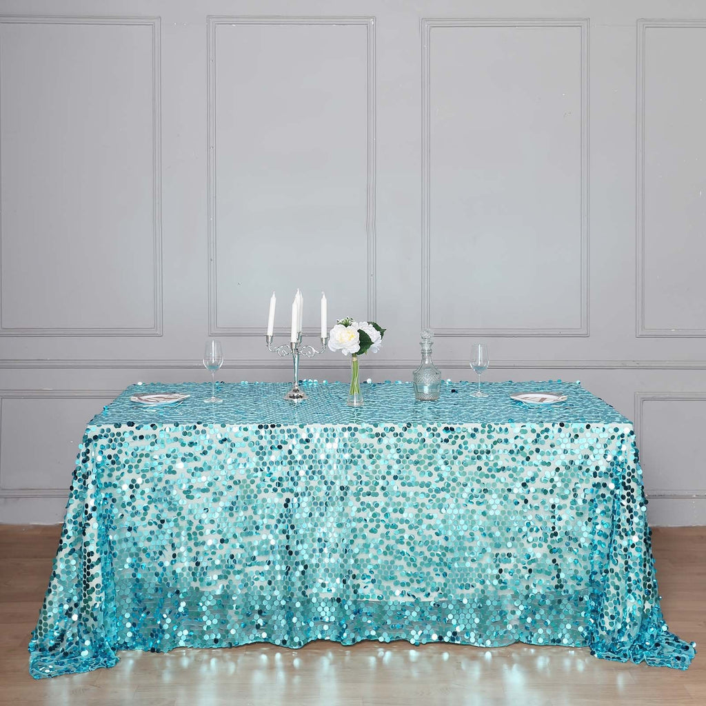 Payette Sequin Tablecloth 90"x156" Turquoise | TableclothsFactory