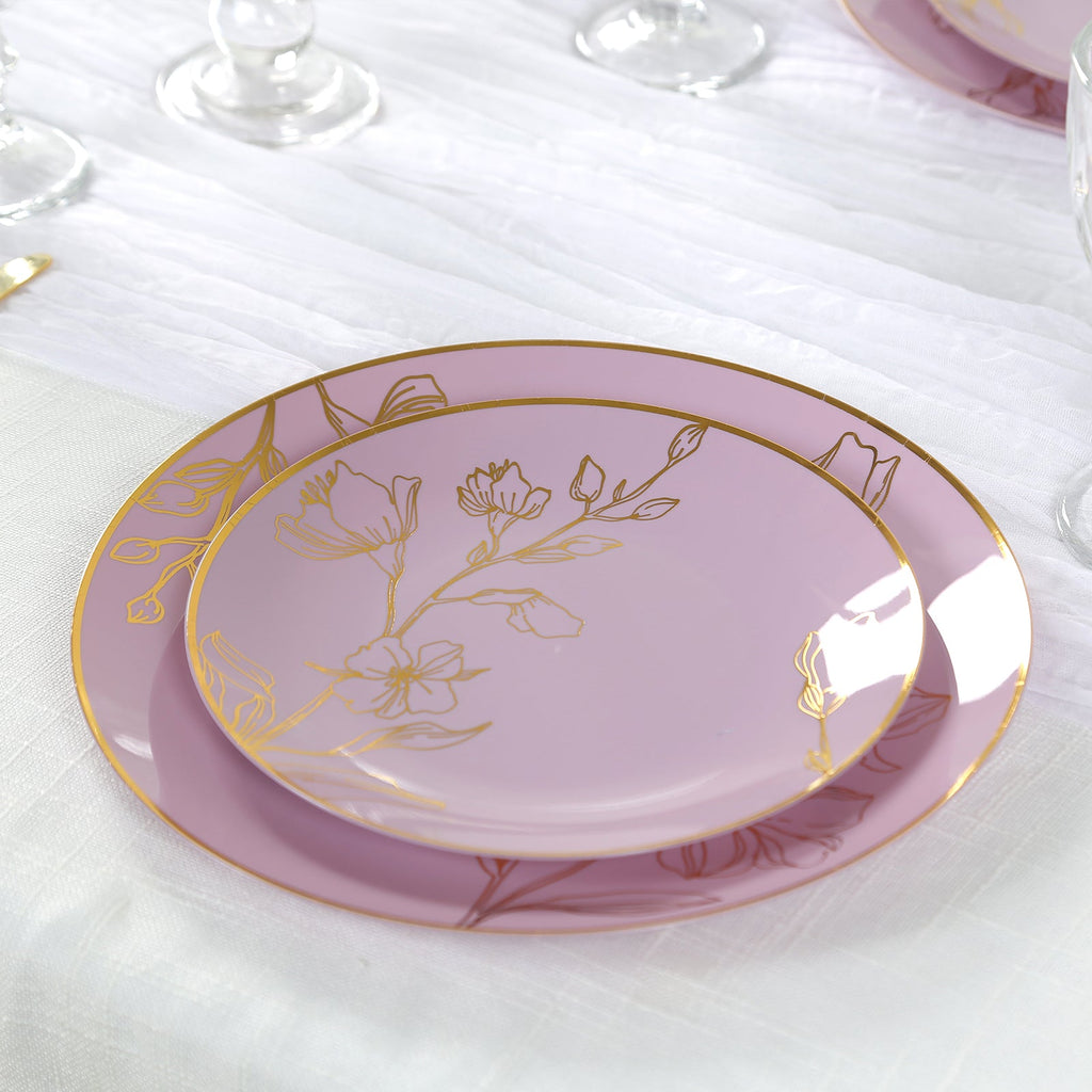 Floral Plastic Round Plates Set Lavender/Gold 8", 10" | TableclothsFactory