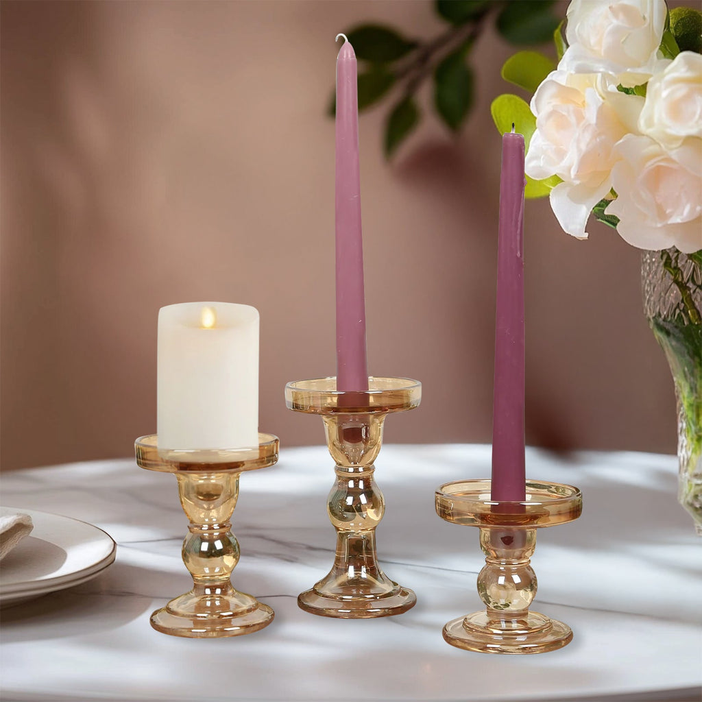 Crystal Ball Stem Pillar Candle Holders Amber Gold | TableclothsFactory