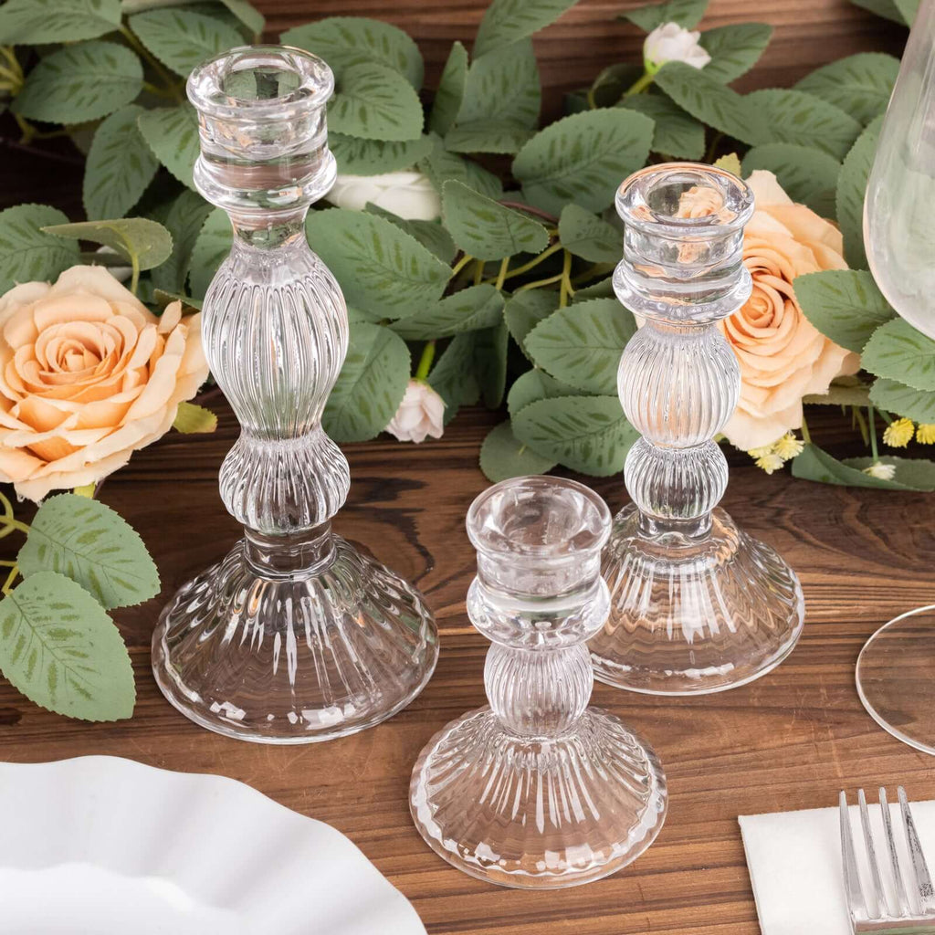Fluted Glass Taper Candle Holders Clear 4", 6", 8" | TableclothsFactory