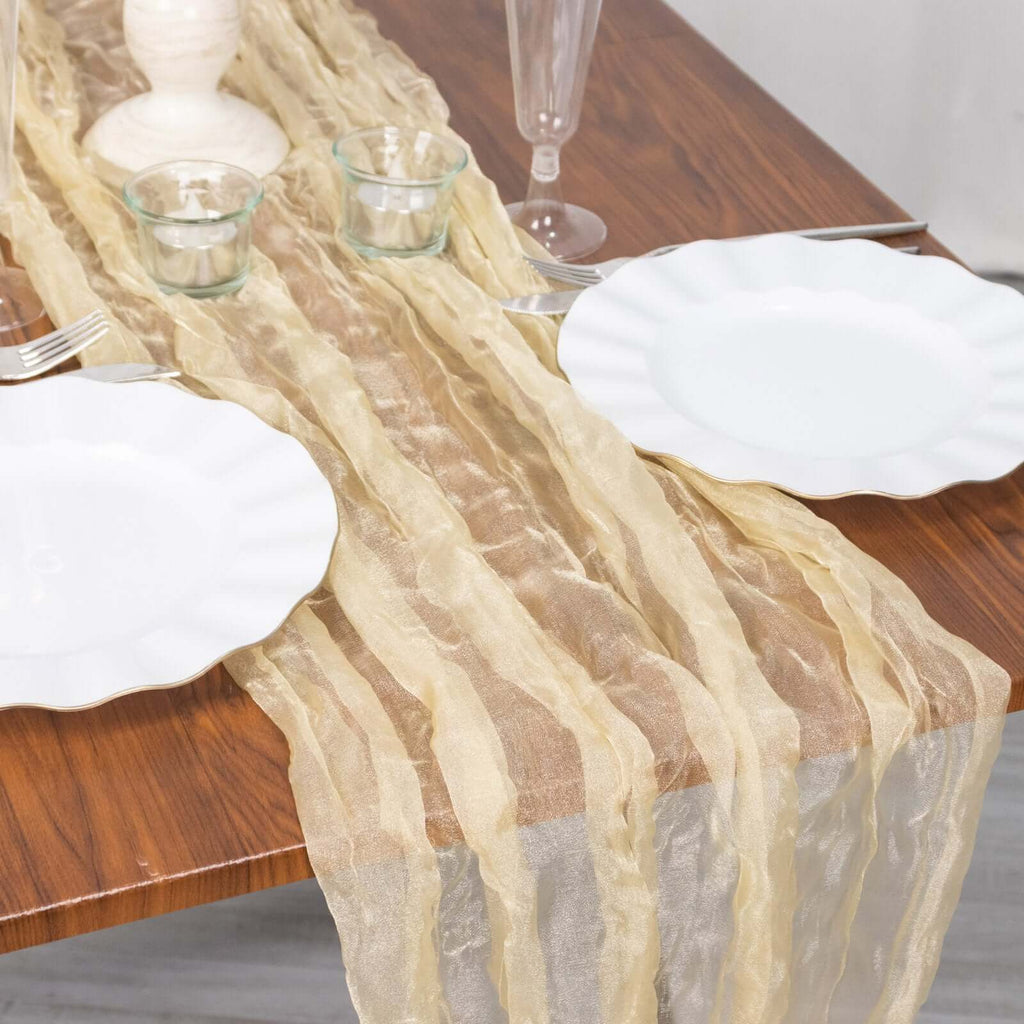 Crinkled Organza Runner 9ft Champagne | TableclothsFactory