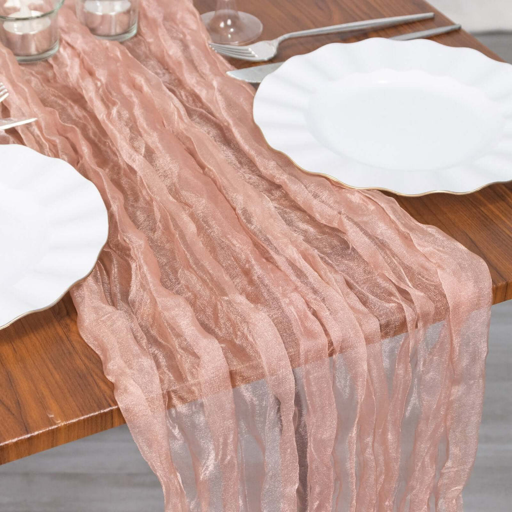 Crinkled Organza Runner 9ft Dusty Rose | TableclothsFactory