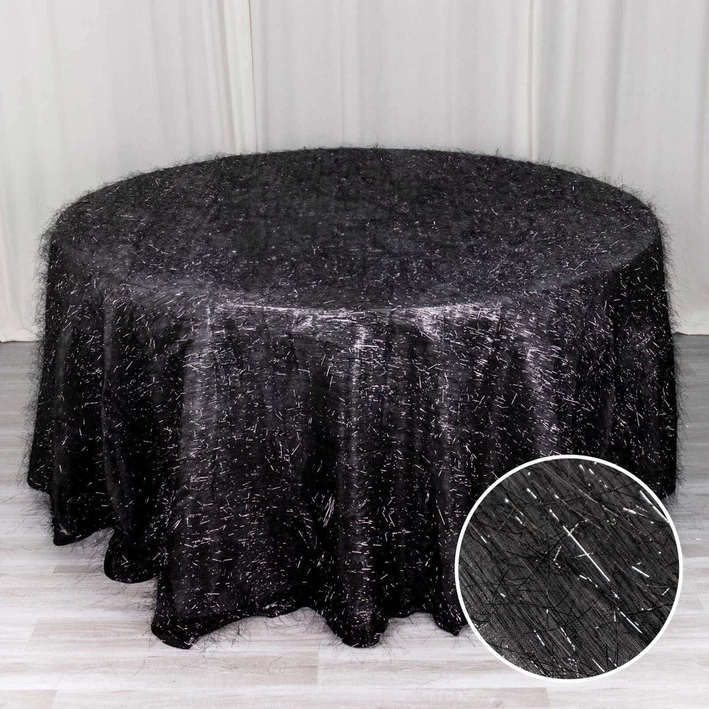 Metallic Fringe Shag Tablecloth 120" Black | TableclothsFactory
