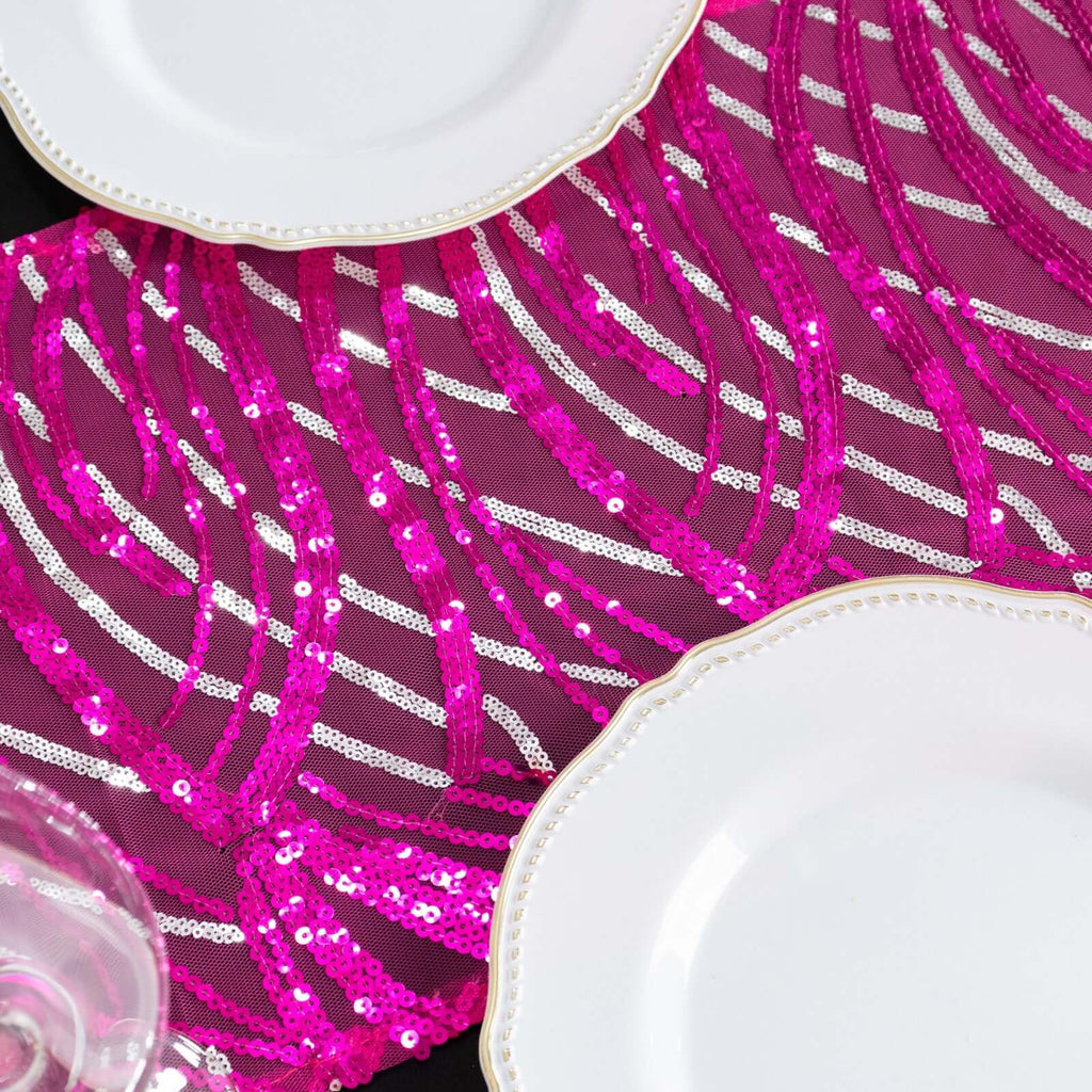 Sequin Table Runner 12"x108" Fuchsia Silver | TableclothsFactory