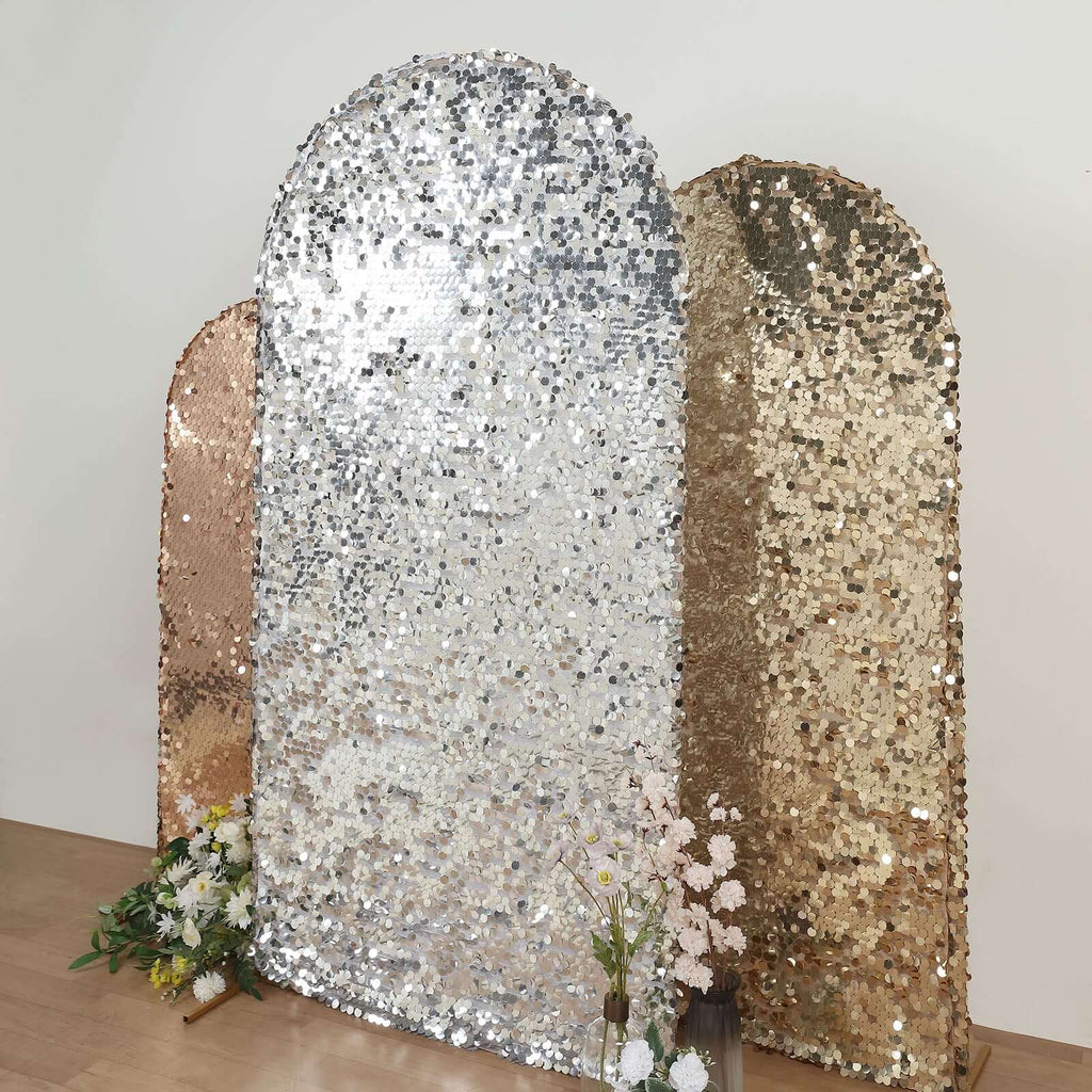 7ft Silver Sequin Backdrop Stand Cover | TableclothsFactory